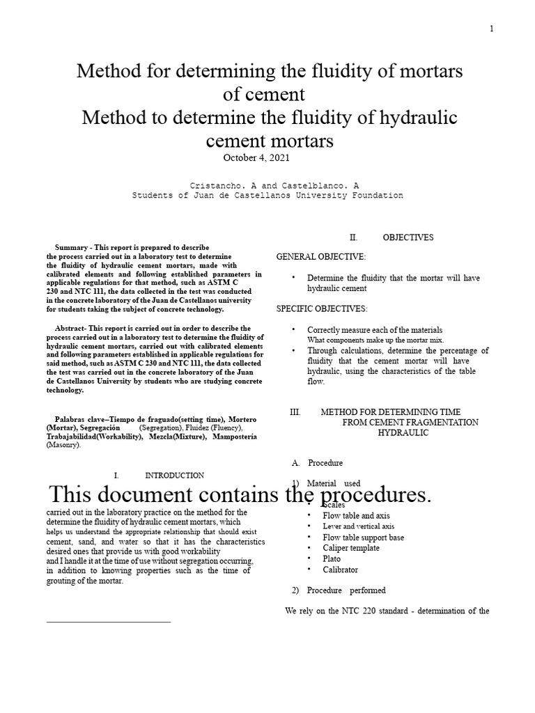 Fluidity Testing Method for Cement Mortars | PDF | Mortar (Masonry ...