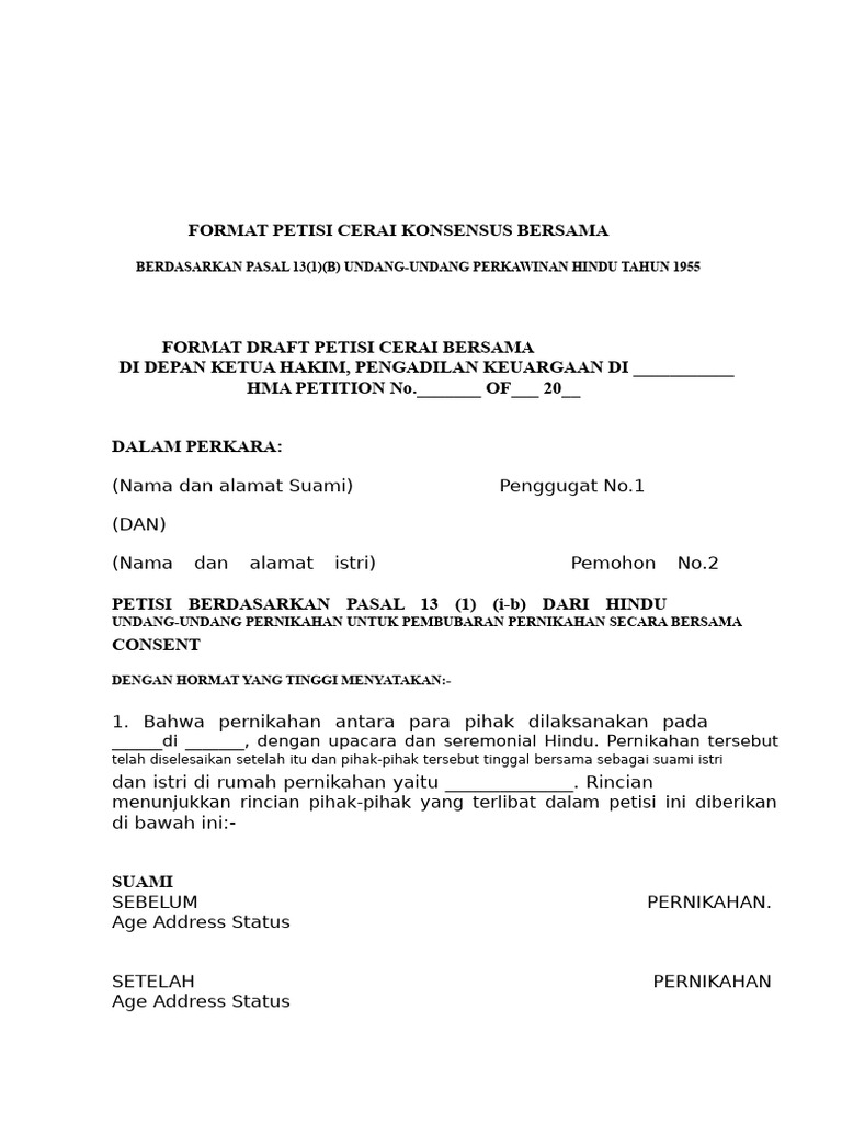 Format Petisi Cerai Konsensus Hindu | PDF