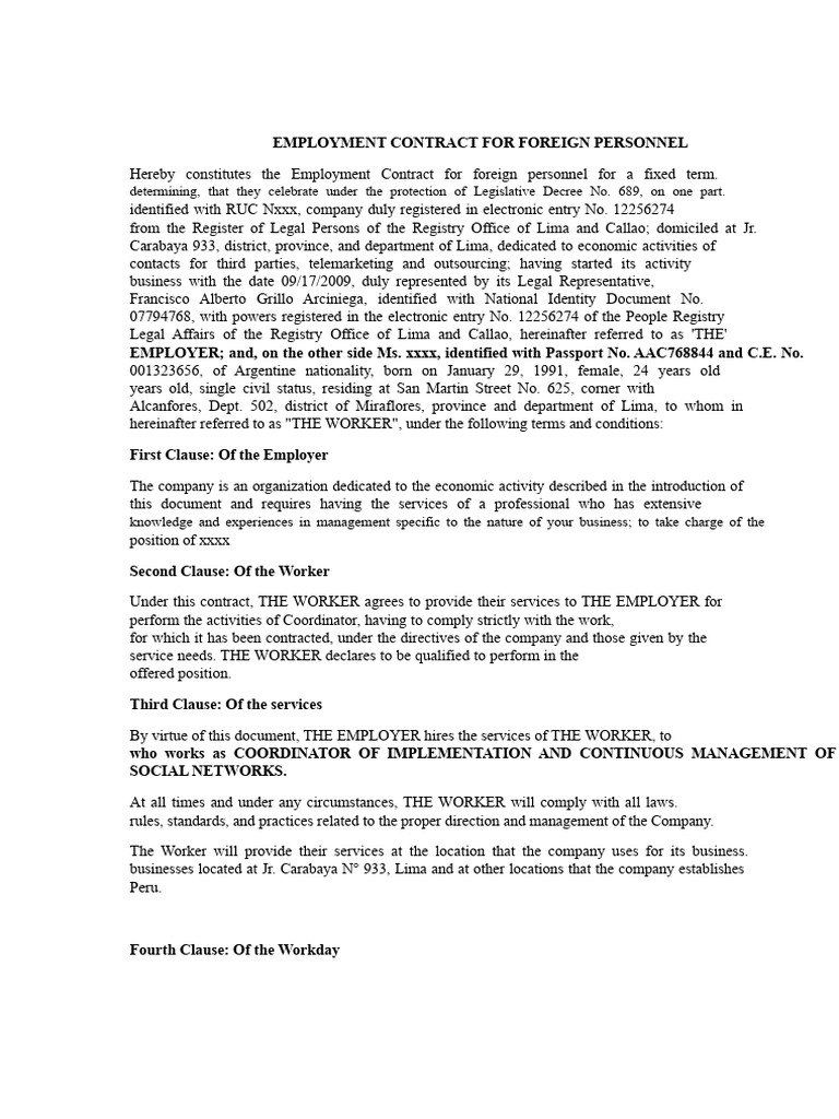 Employment Contract for Foreign Worker | PDF | Employment | Taxes