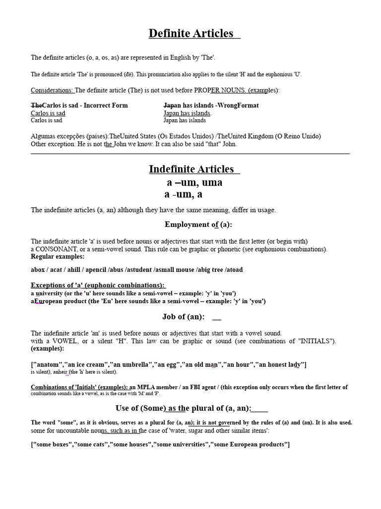 Definite and Indefinite Articles | PDF | Plural | English Language