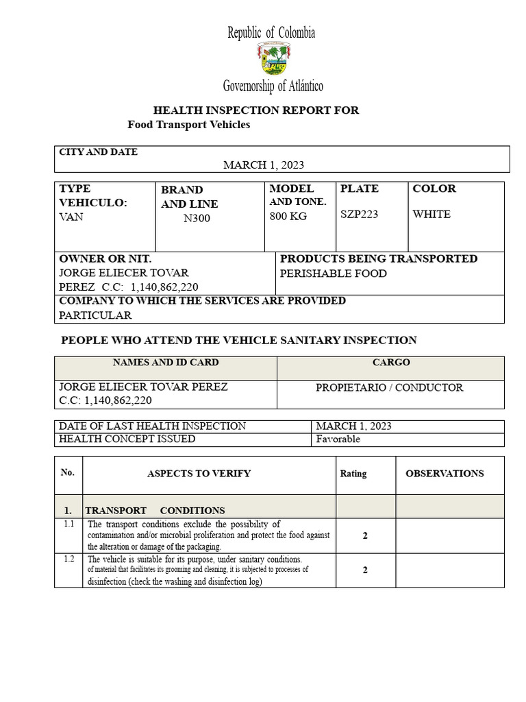 SANITARY INSPECTION REPORT FOR VEHICLES ROLANDO RAMIREZ | PDF