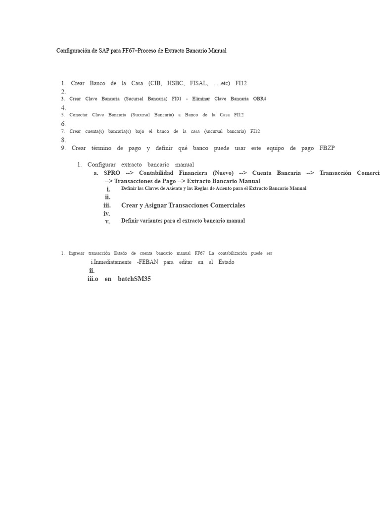 Configuración SAP FF67: Extracto Bancario Manual | PDF
