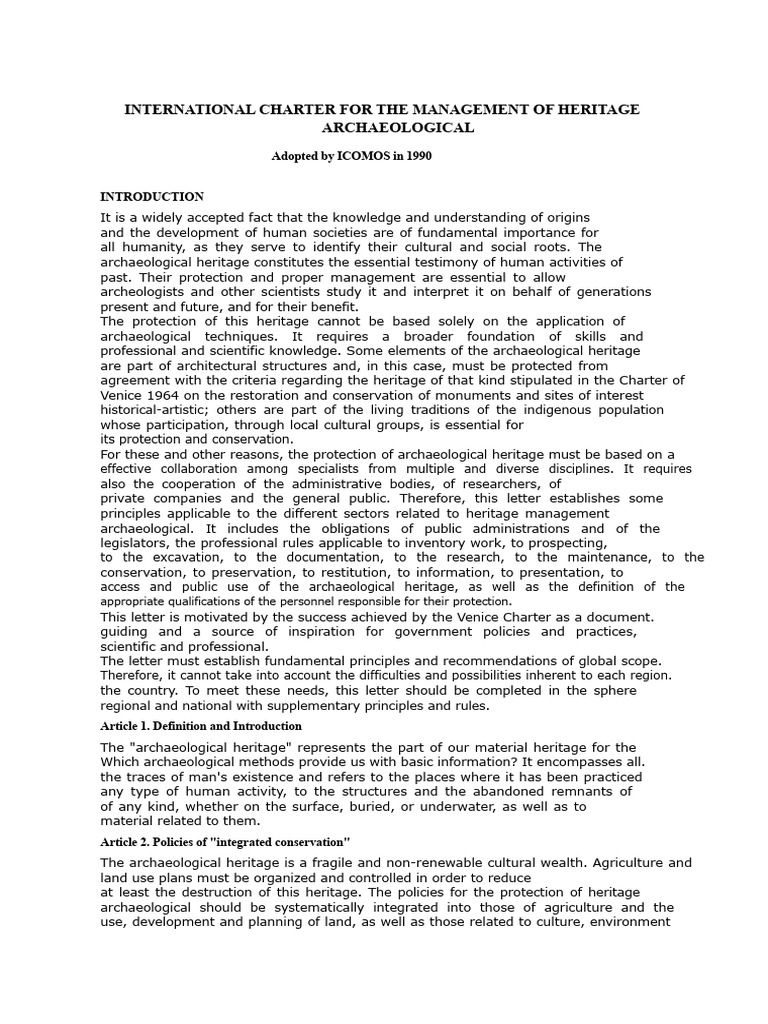 International Charter For The Management of Archaeological Heritage ...