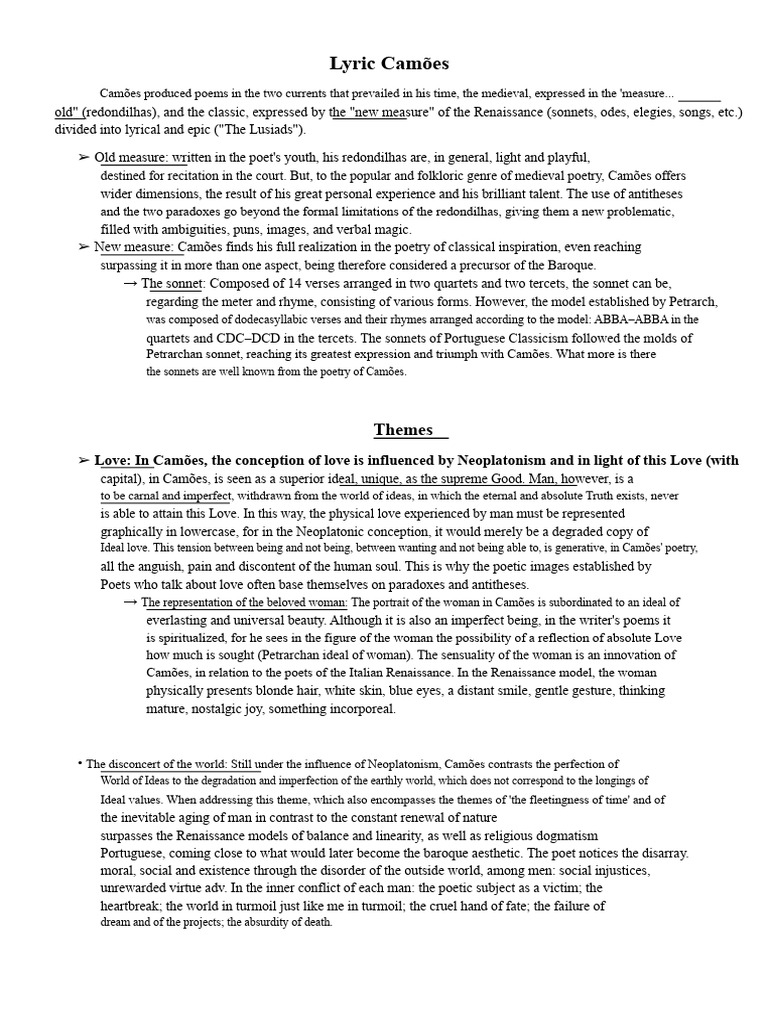 Summary of Camões' lyrical poetry | PDF | Poetry | Sonnets