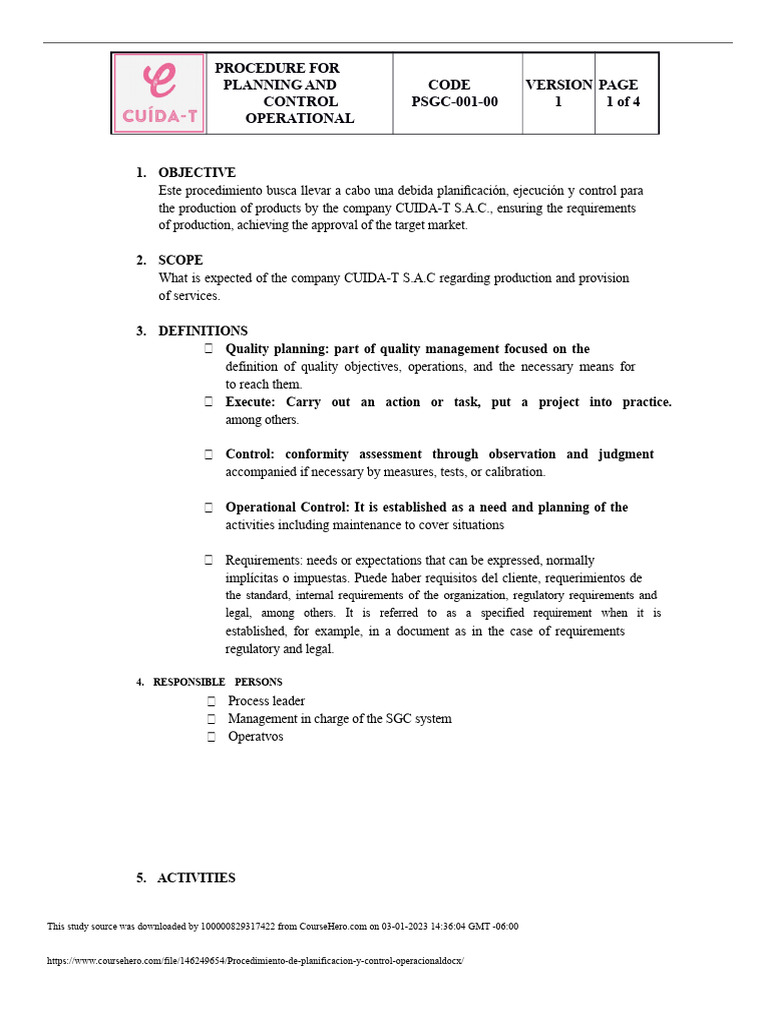 Operational Planning and Control Procedure | PDF | Risk
