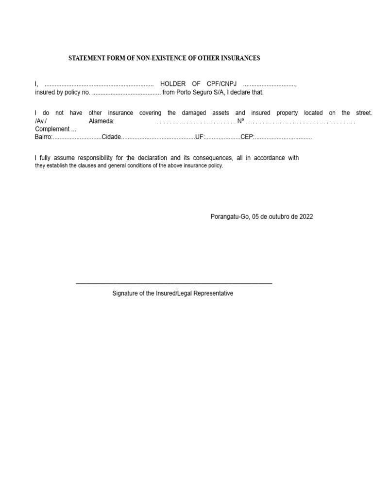 FORM DECLARATION OF NON-EXISTENCE OF OTHER INSURANCES (002) | PDF