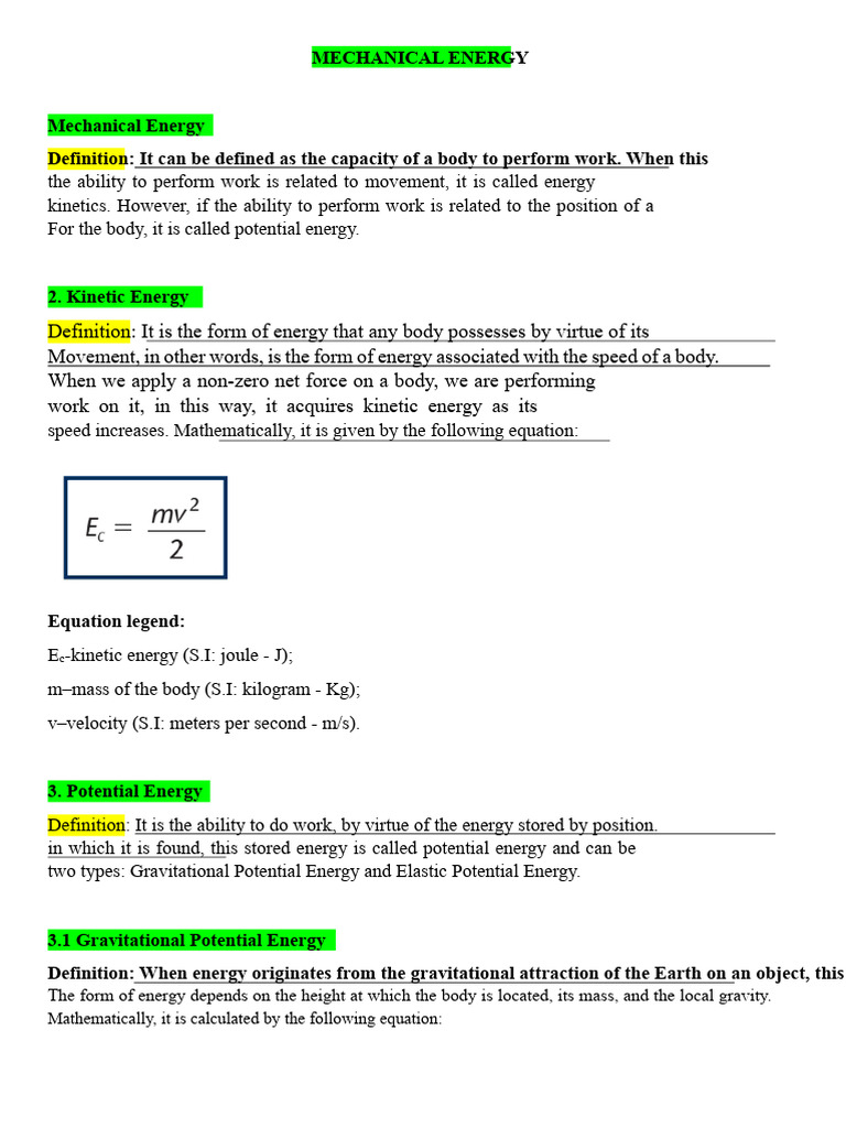 Summary - 1st Year - Mechanical Energy | PDF | Potential Energy | Force