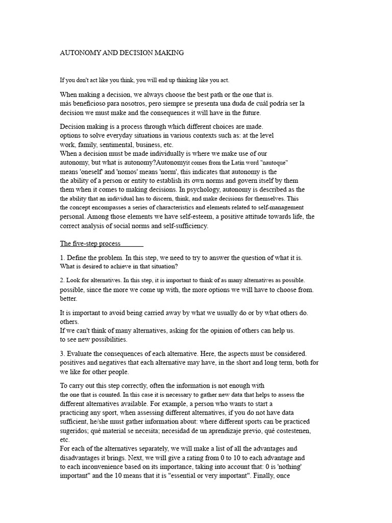Autonomy in Decision Making Process | PDF | Decision Making | Autonomy