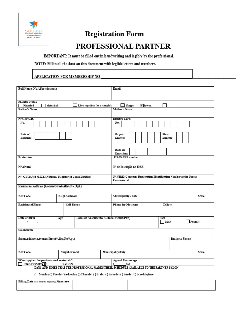 Partner Spabep Current Professional Registration Form | PDF | Identity ...