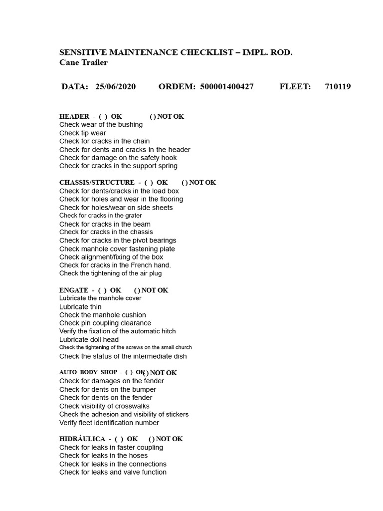 SENSITIVE CHECKLIST - CANE HARVESTING TOW BAR IMPL | PDF | Tire | Vehicles