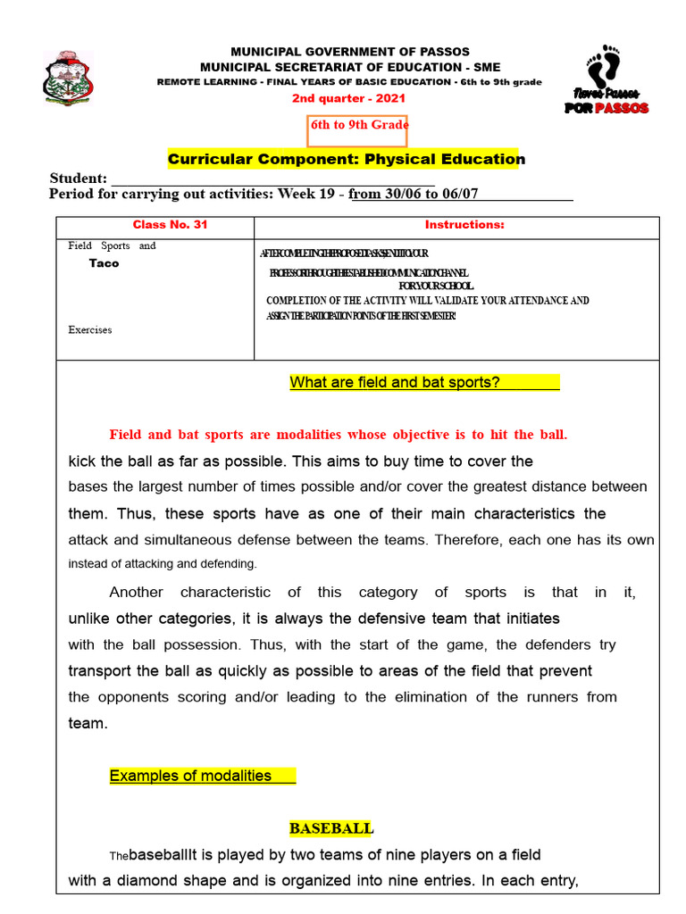 6th TO 9th GRADE PHYSICAL EDUCATION - Lesson 31 - Field and Stick ...