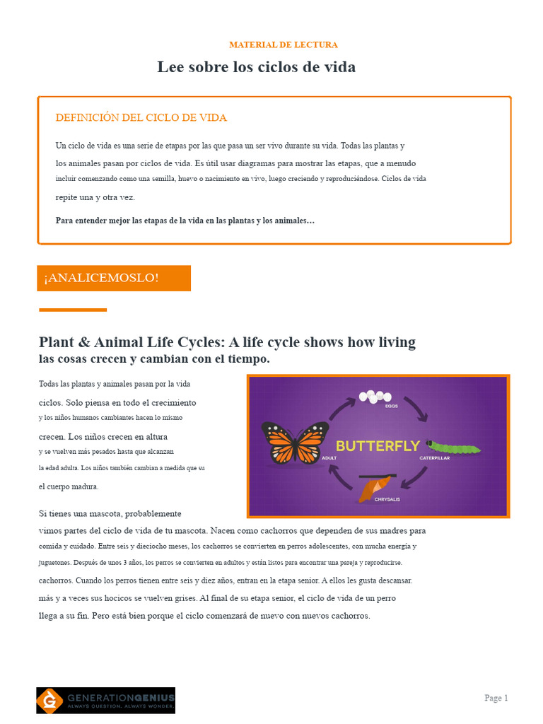 Material de Lectura Sobre Los Ciclos de Vida de Plantas y Animales para ...