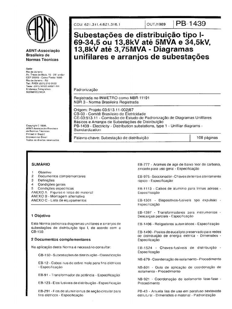 NBR 11191 PB 1439 - Distribution Substations Type I-69-34 5 or 13.8 KV ...