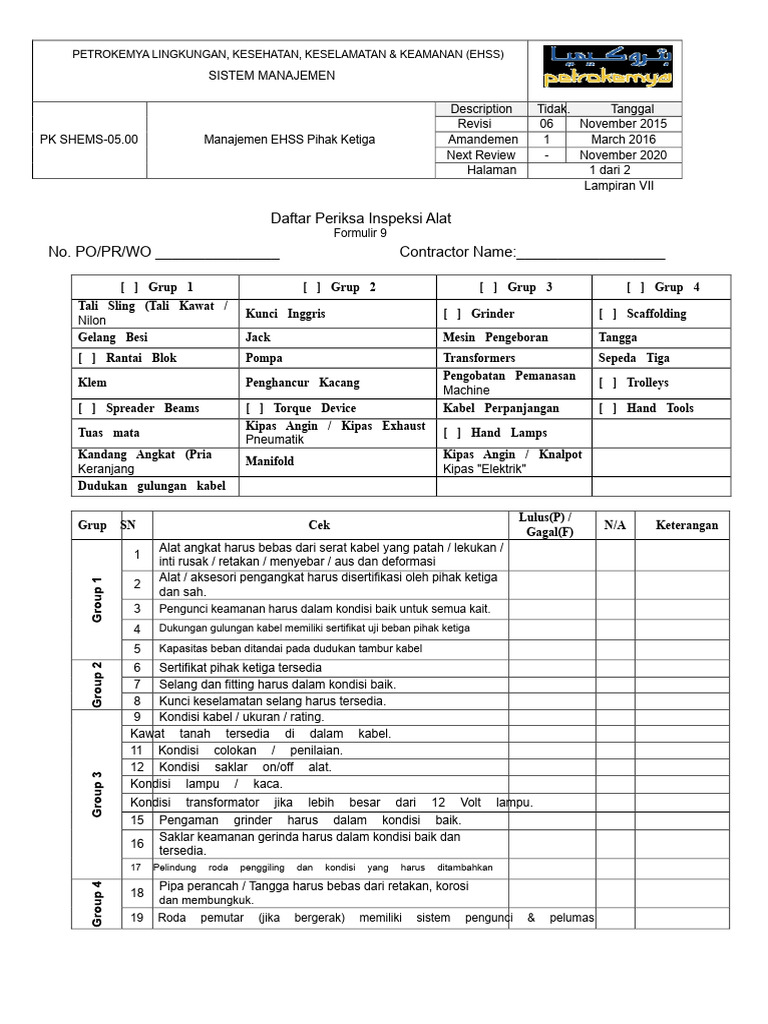 Daftar Periksa Alat EHSS Petrokemya | PDF