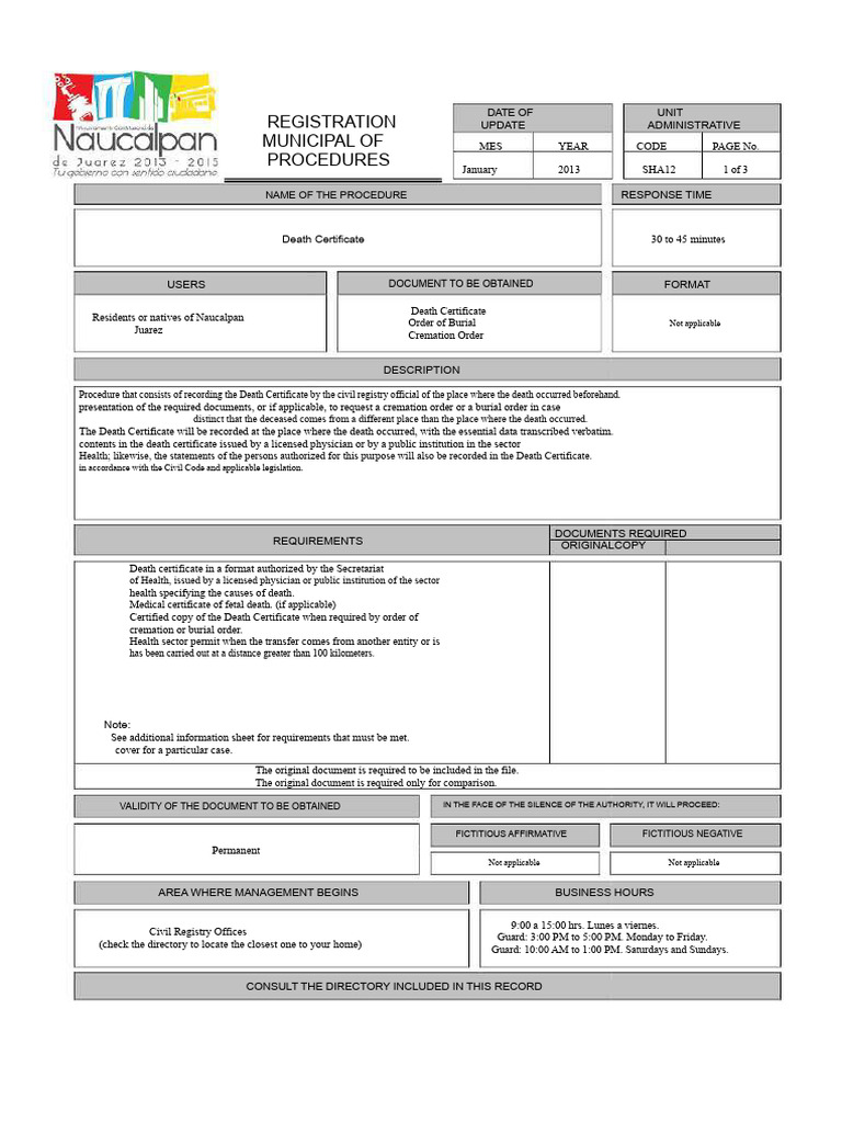 Registration Municipal of Procedures: Date of Update Unit ...