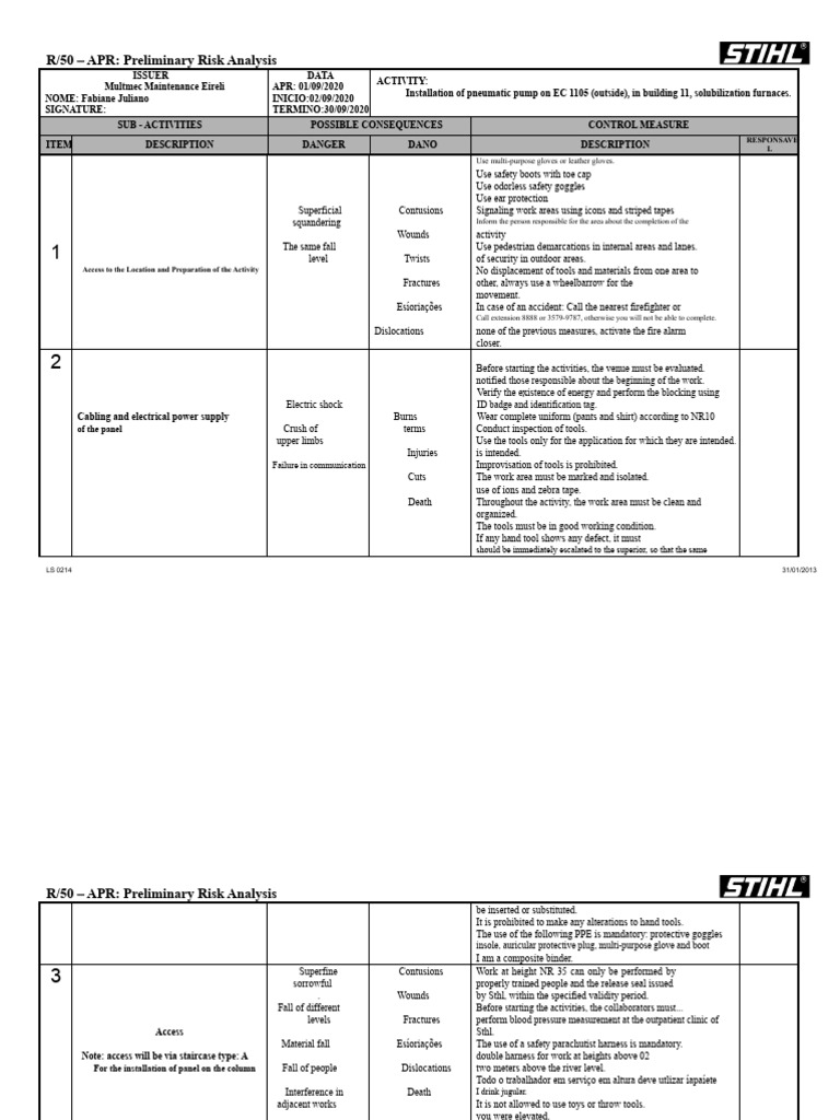 Risk Analysis for Pneumatic Pump Installation | PDF | Personal ...