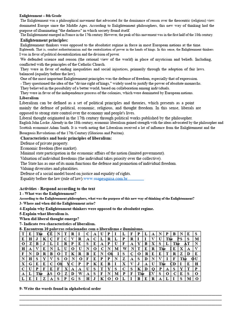 Activities 8th grade Enlightenment and Liberalism | PDF | Liberalism ...