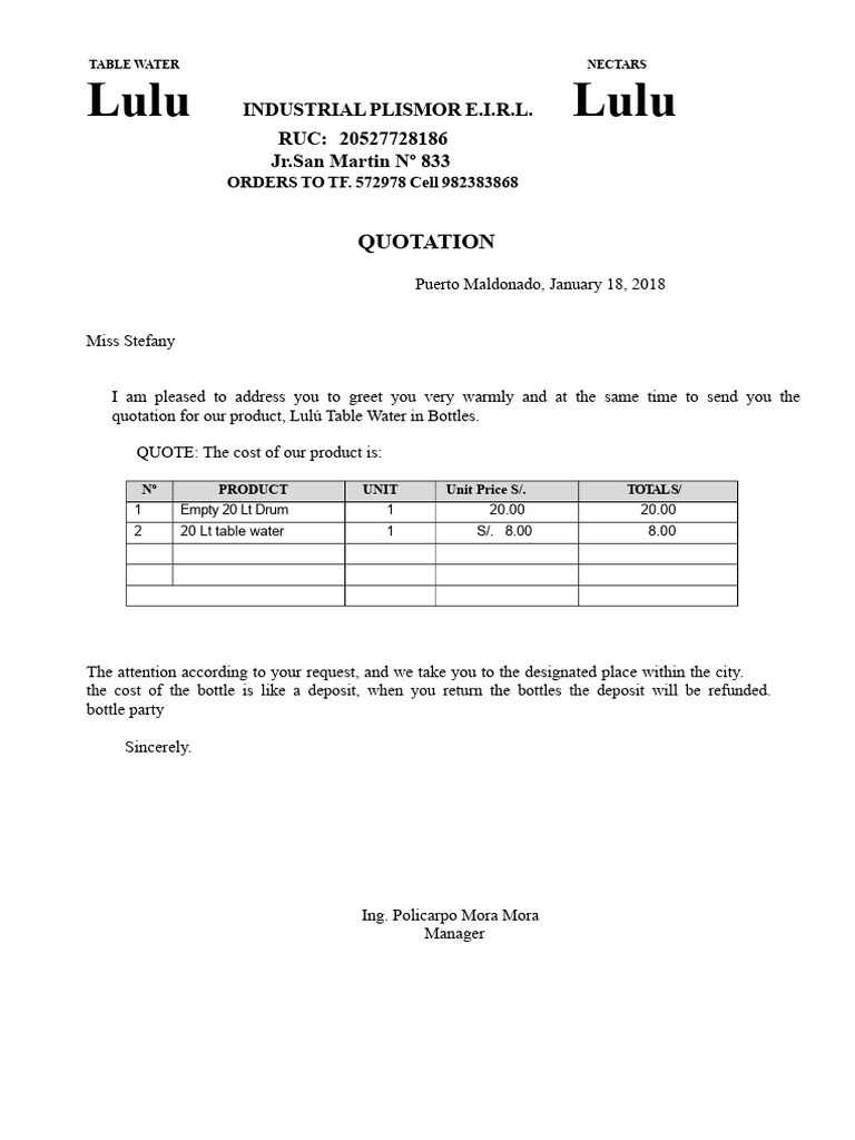 Lulú Table Water Quotation and Details | PDF