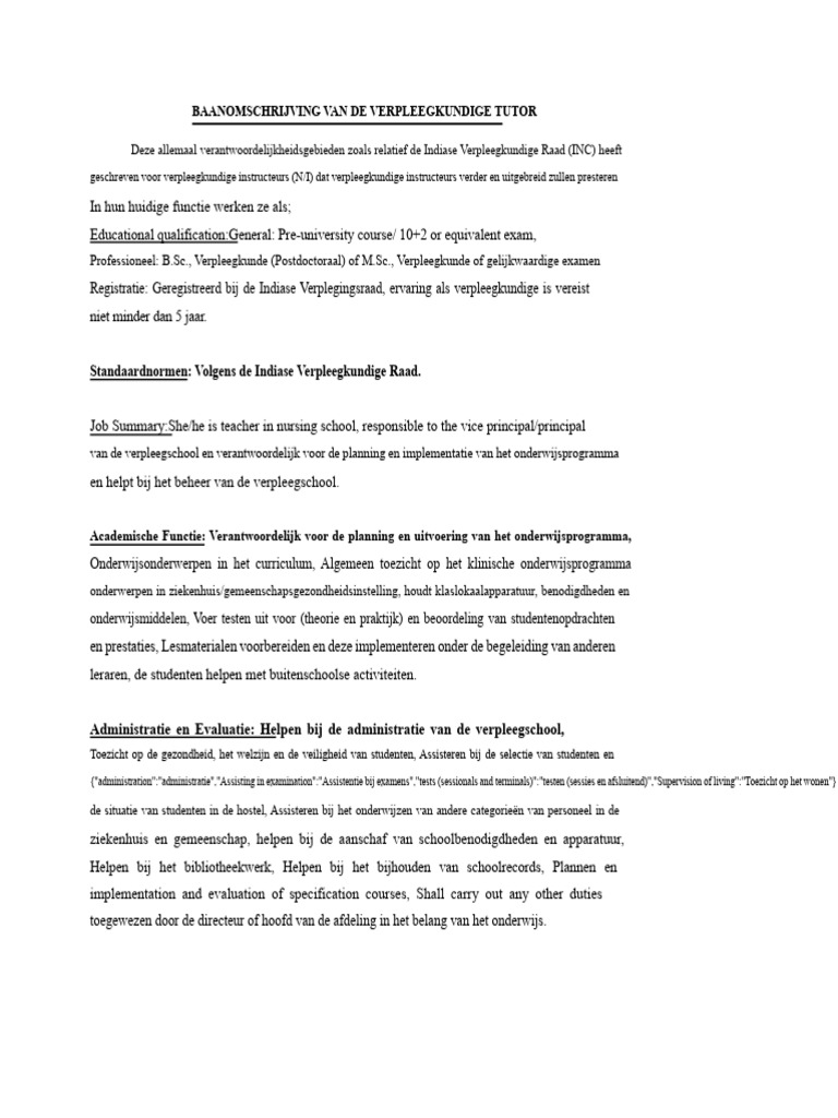 Functieomschrijving Van Verpleegdocent | PDF