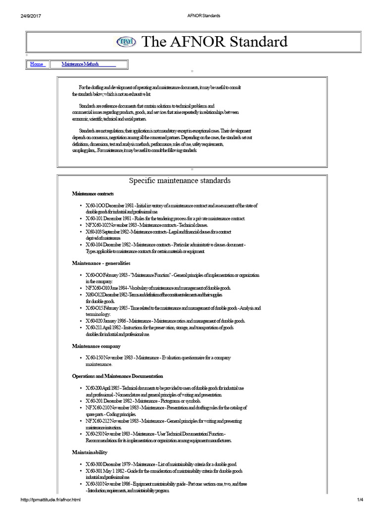 AFNOR Standards for Maintenance Methods | PDF | Reliability Engineering ...