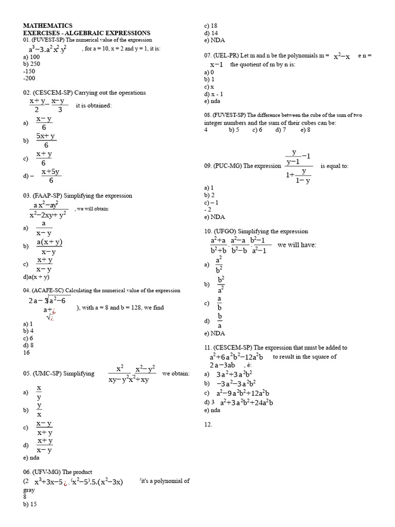 EXERCISES - ALGEBRAIC EXPRESSIONS | PDF | Algebra | Mathematical Analysis