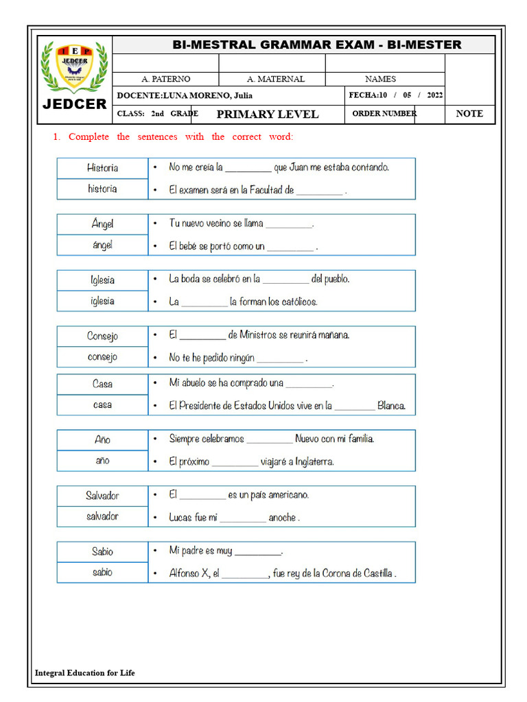 2nd Grade Grammar Exam Template | PDF