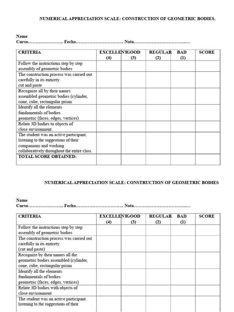 Numerical Appreciation Scale Geometric Bodies | PDF