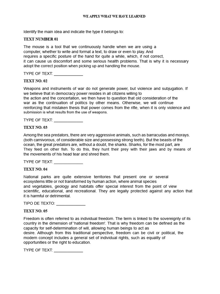 Types of Texts According To The Main Idea - Exercises | PDF ...