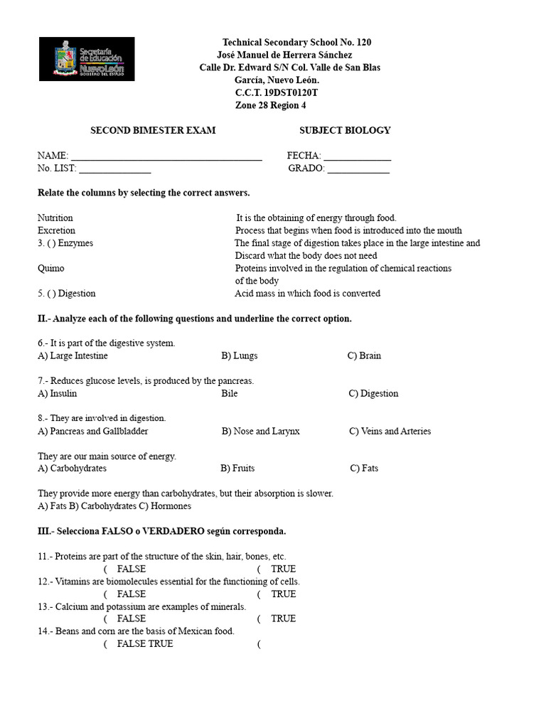 Biology Exam for Technical Secondary School | PDF | Digestion | Foods