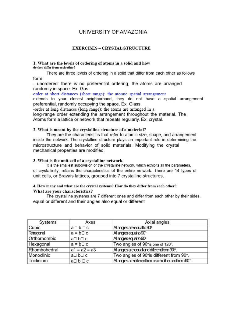 Exercises 3 - solved - crystal structures | PDF | Crystal Structure ...