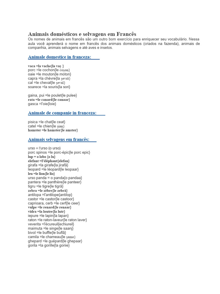 Nomes de Animais em Francês | PDF