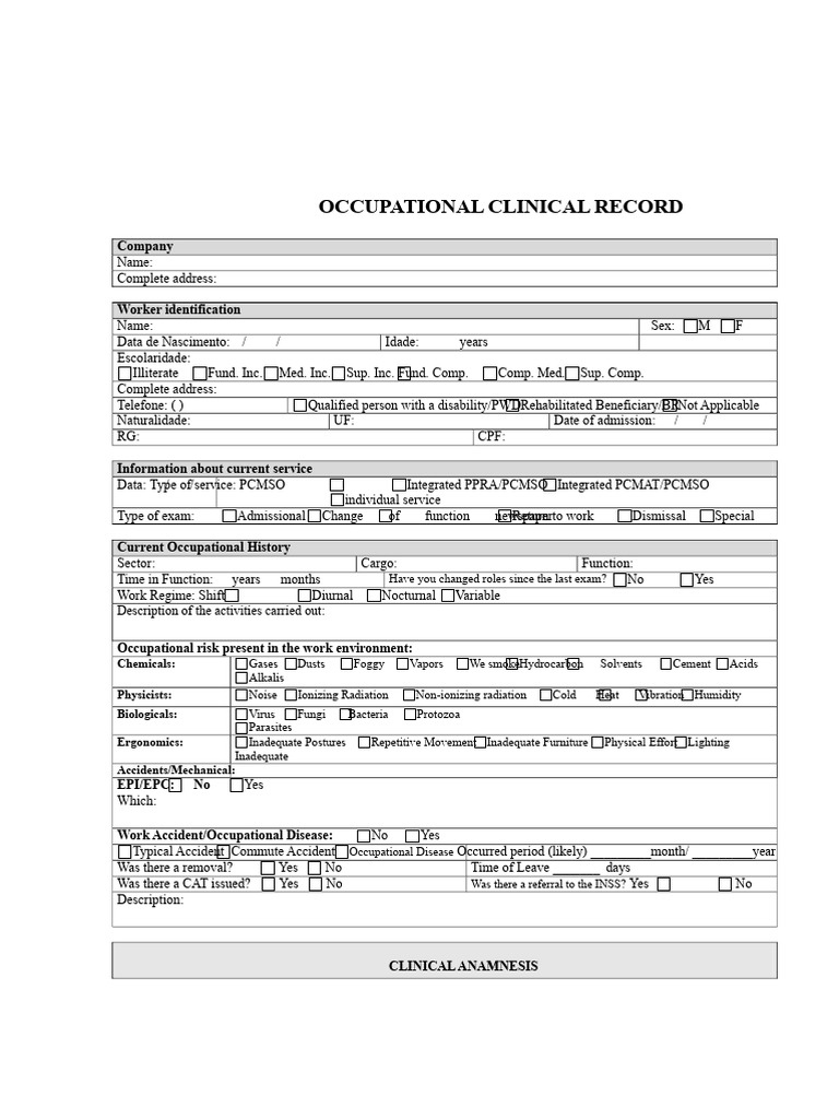Occupational Clinical Record Template | PDF | Pathology ...