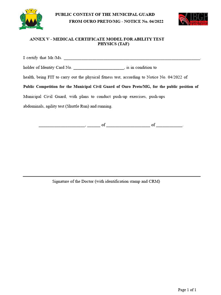 Medical Certificate for Municipal Guard TAF | PDF