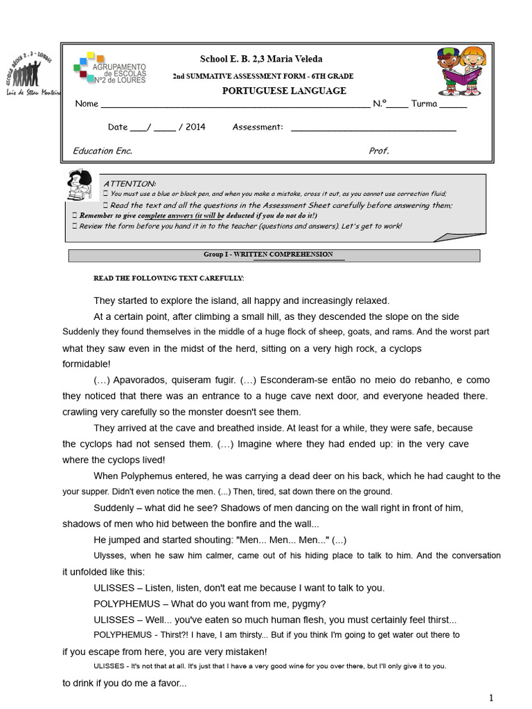 6th Grade Portuguese Language Assessment | PDF | Odysseus | Grammatical ...