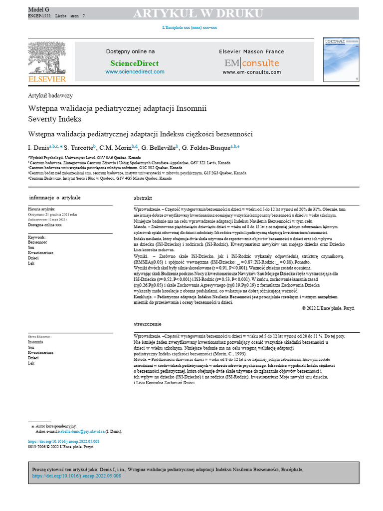Wstępna Walidacja Pediatrycznej Adaptacji Indeksu Nasilenia Bezsenności ...