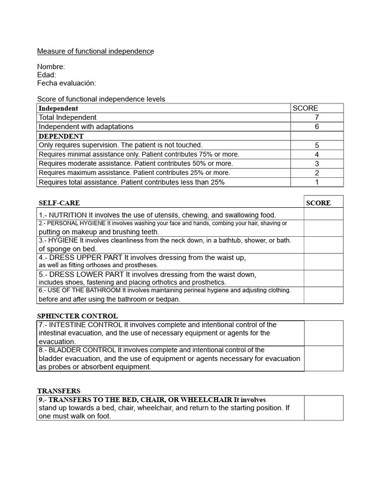Functional Independence Assessment Score | PDF | Wheelchair | Hygiene