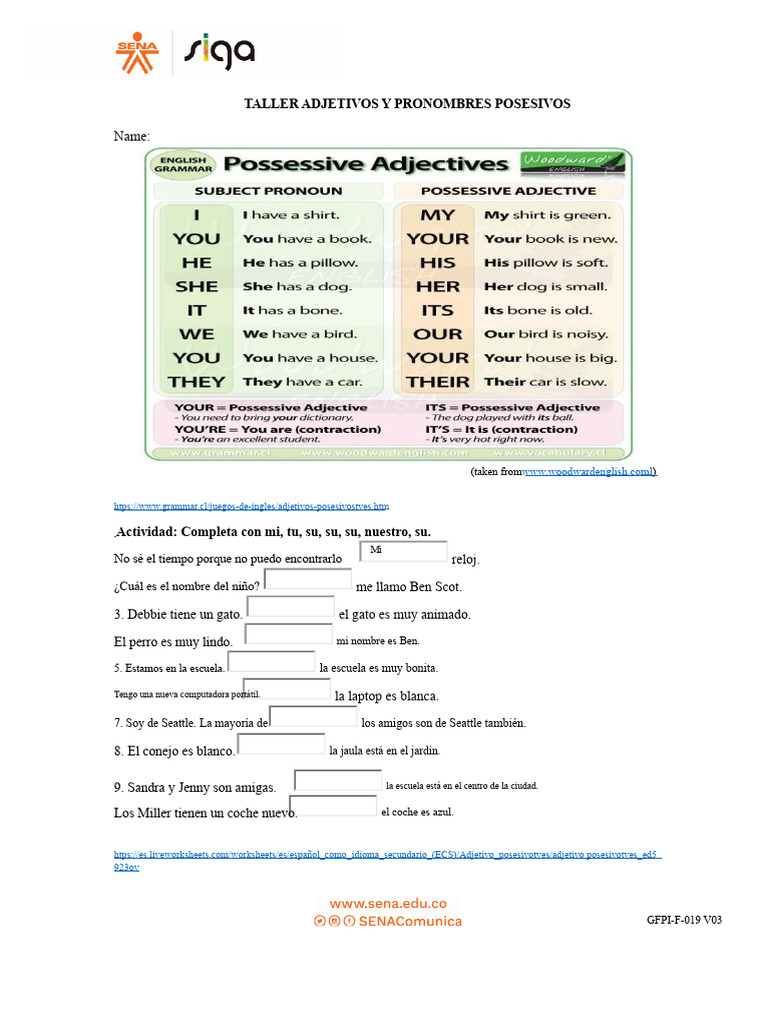 Hoja de Trabajo - Adjetivos y Pronombres Posesivos | PDF | Adjetivo ...