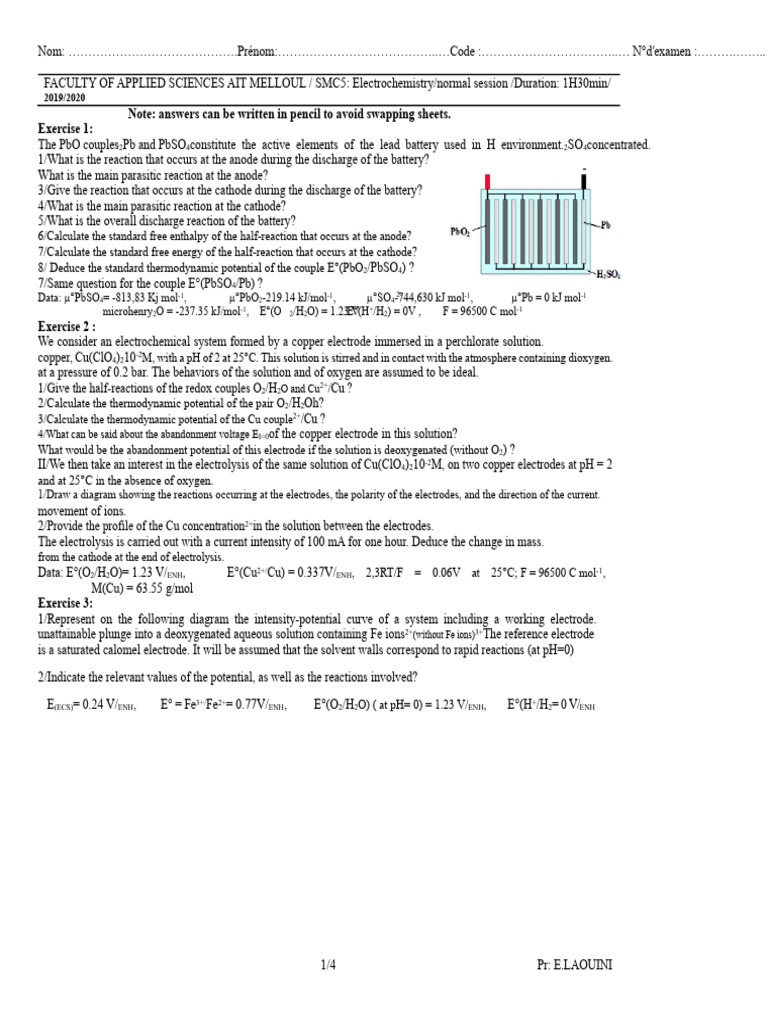 Electrochemistry Exam Questions and Data | PDF | Electrochemistry ...