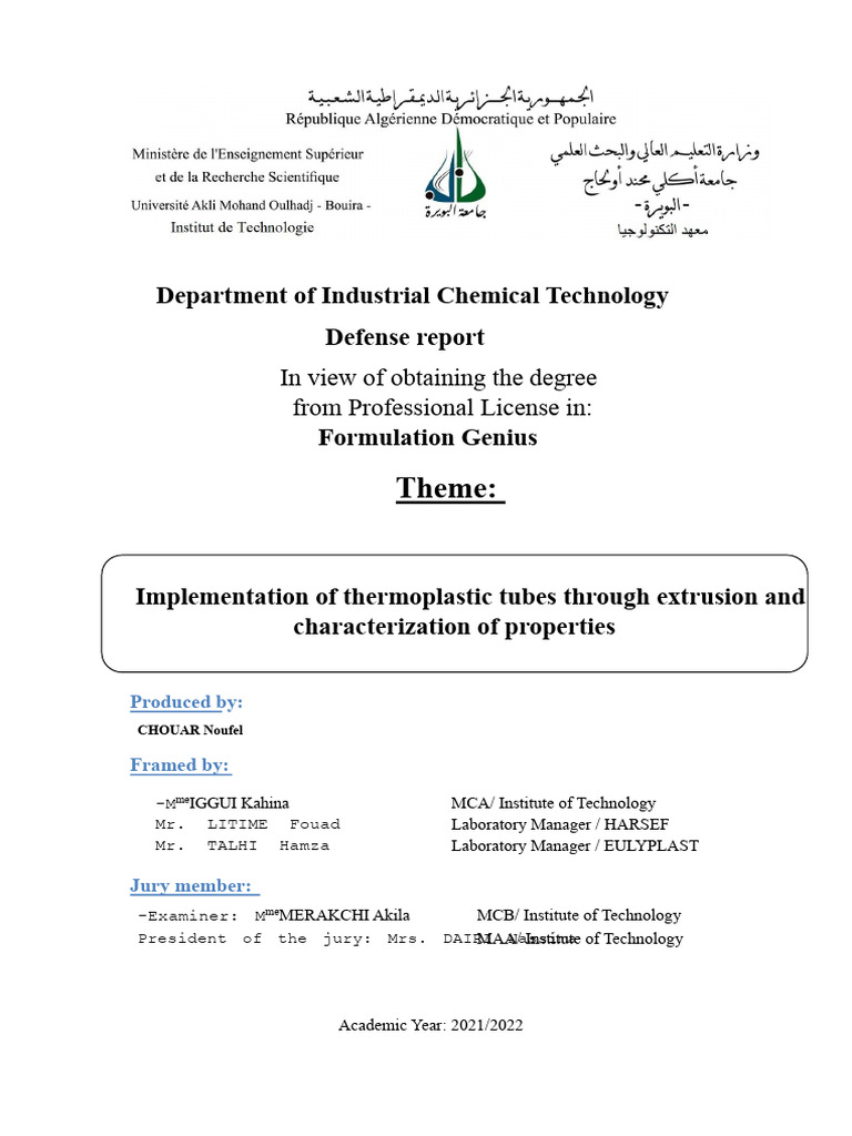 Implementation of thermoplastic tubes by extrusion and characterization ...