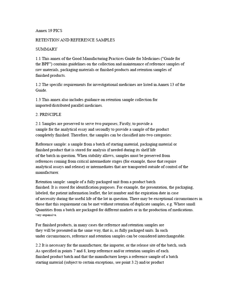 Guidelines for Retention and Reference Samples | PDF