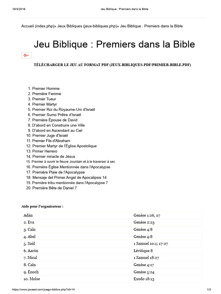 Jeu Biblique : Premiers dans la Bible | PDF | Livre de la Genèse ...