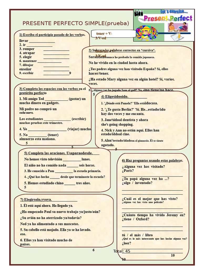 Prueba de Gramática Sobre El Presente Perfecto Simple Ejercicios ...