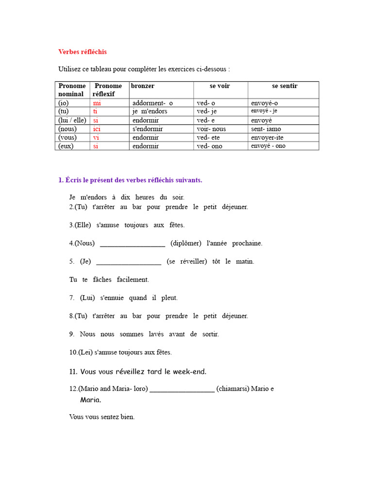 Exercices sur les verbes réfléchis | PDF