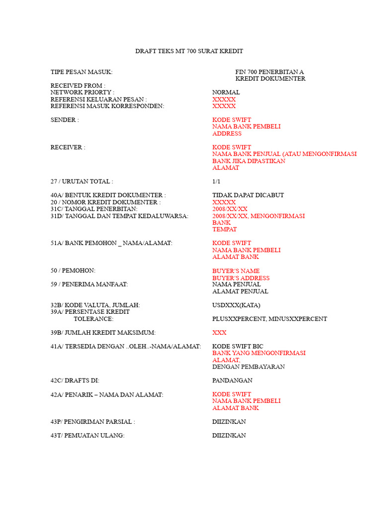 Draft MT 700 Surat Kredit Dokumenter | PDF