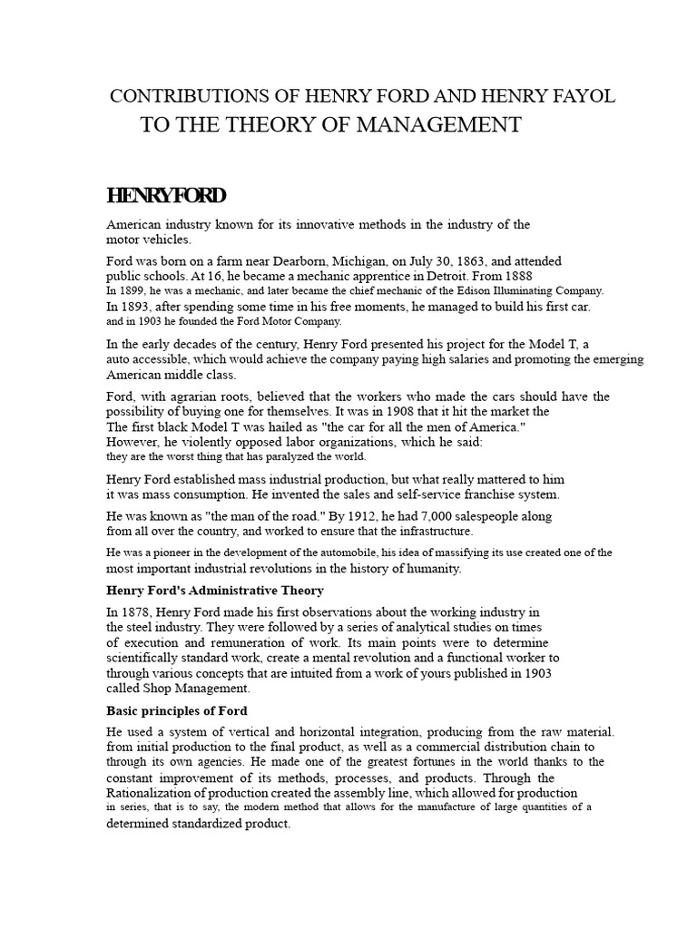 Ford and Fayol's Management Theories | PDF | Car | Ford Motor Company