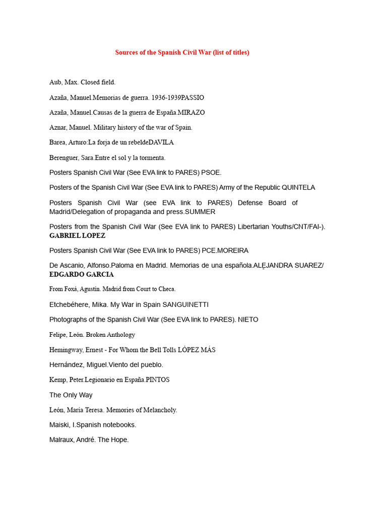 Key Sources on the Spanish Civil War | PDF