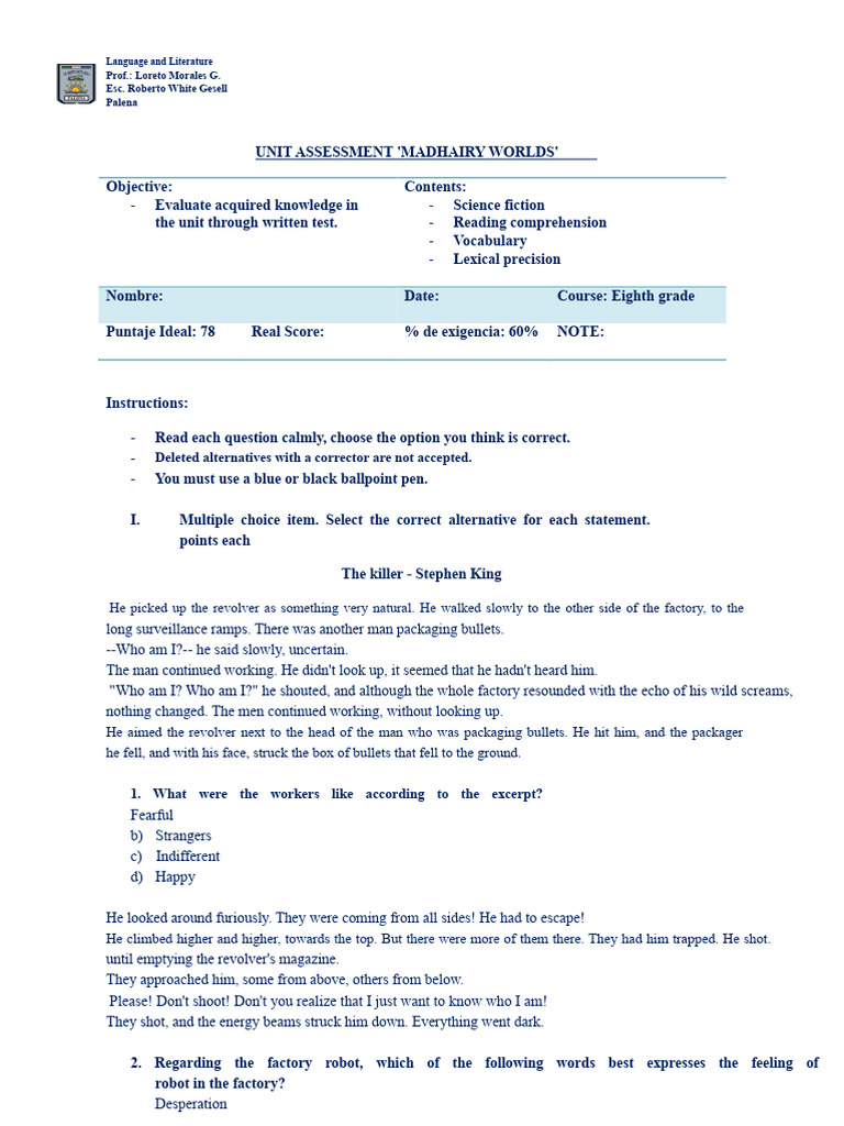 Eighth Grade Science Fiction Assessment | PDF | Multiple Choice