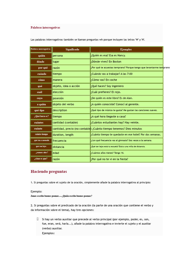 Palabras Interrogativas | PDF | Verbo | Asunto (gramática)