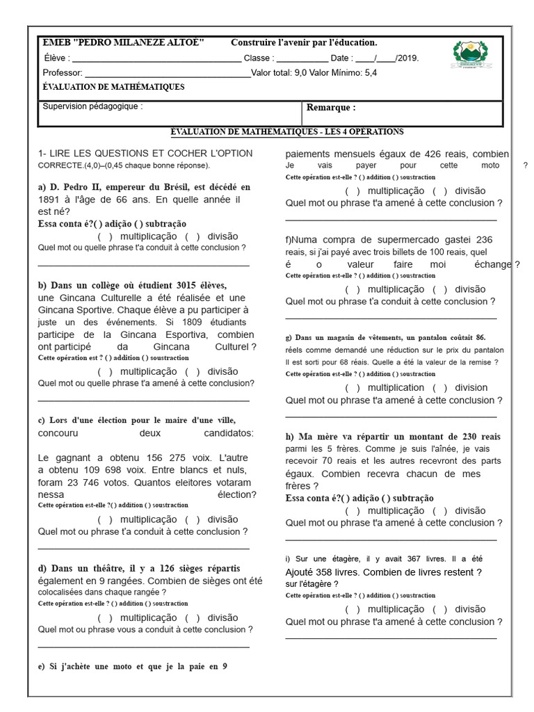 Évaluation Math 4 Opérations | PDF | Notation (mathématiques) | Algèbre ...