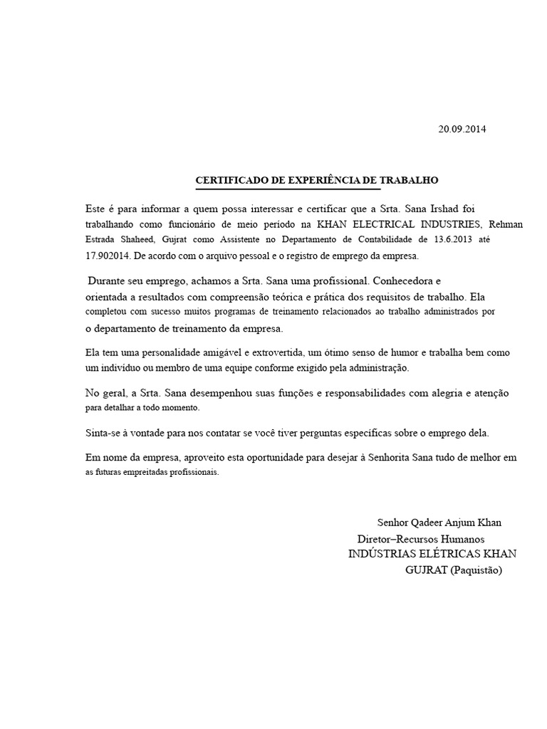 Certificado de Experiência de Trabalho.docx | PDF